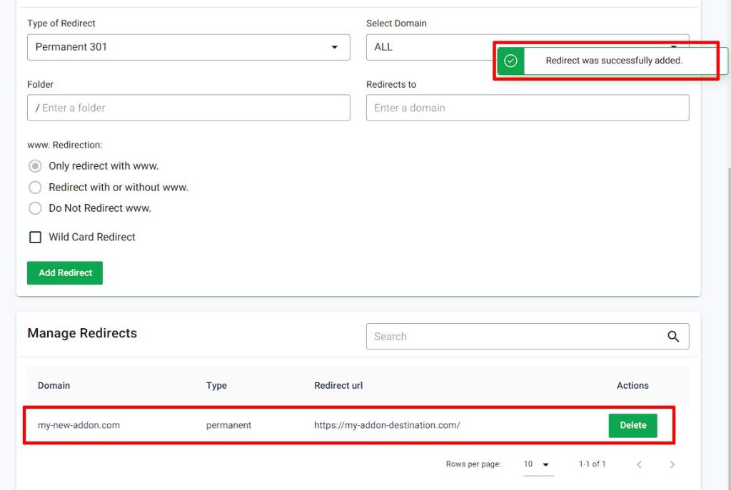 Enable or Disable Addon Domain Redirection
